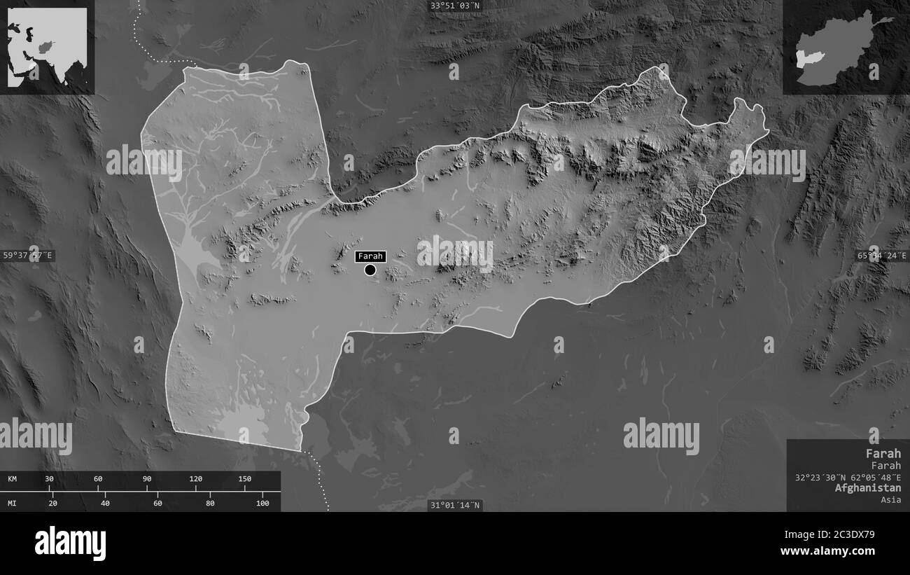 Farah, province of Afghanistan. Grayscaled map with lakes and rivers ...