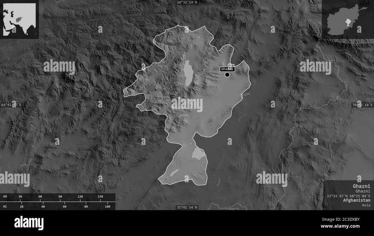 Ghazni, province of Afghanistan. Grayscaled map with lakes and rivers ...