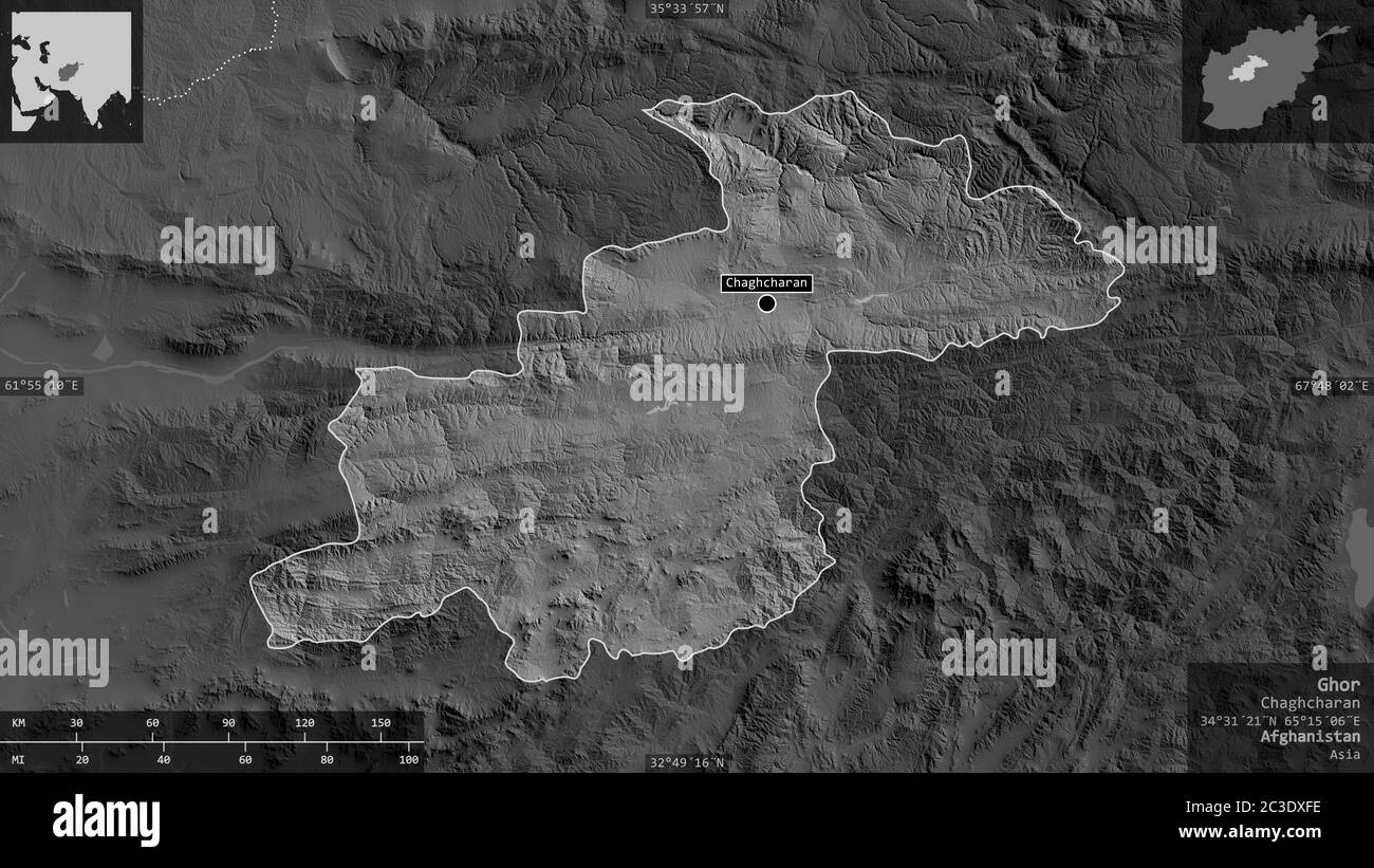 Ghor, province of Afghanistan. Grayscaled map with lakes and rivers ...