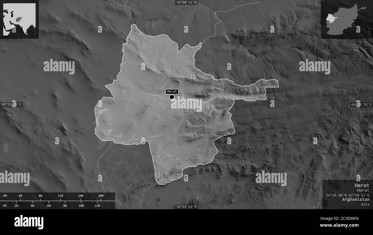 Herat, province of Afghanistan. Grayscaled map with lakes and rivers ...