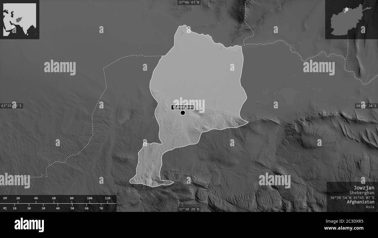 Jowzjan, province of Afghanistan. Grayscaled map with lakes and rivers ...