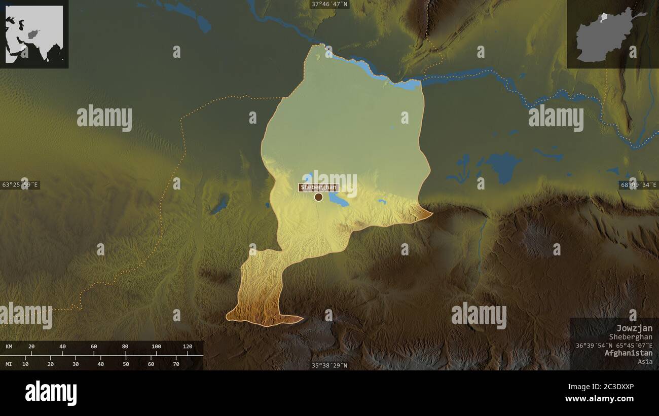 Jowzjan, province of Afghanistan. Colored relief with lakes and rivers ...