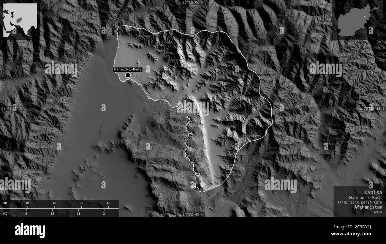 Kapisa, province of Afghanistan. Grayscaled map with lakes and rivers ...