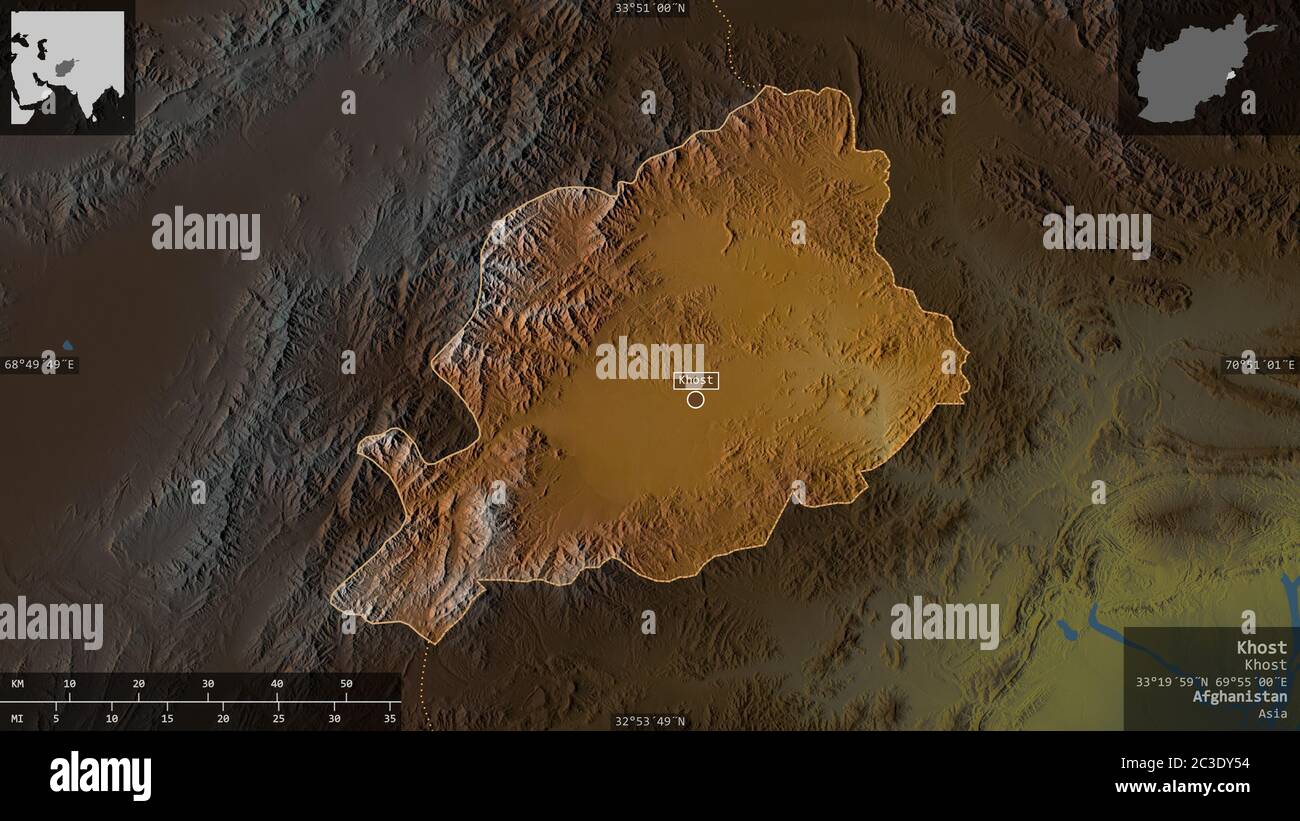 Khost, province of Afghanistan. Colored relief with lakes and rivers ...