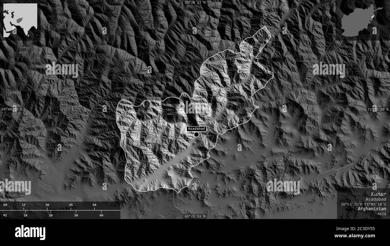 Kunar, province of Afghanistan. Grayscaled map with lakes and rivers ...