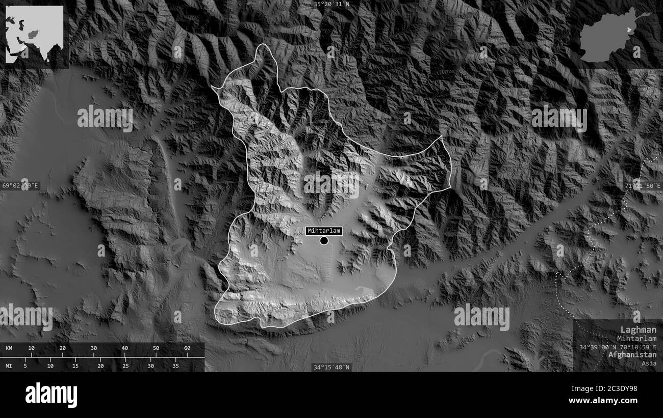 Laghman, province of Afghanistan. Grayscaled map with lakes and rivers ...