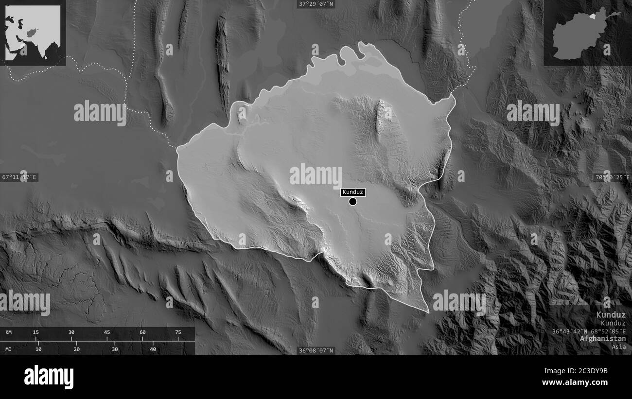 Kunduz, province of Afghanistan. Grayscaled map with lakes and rivers ...