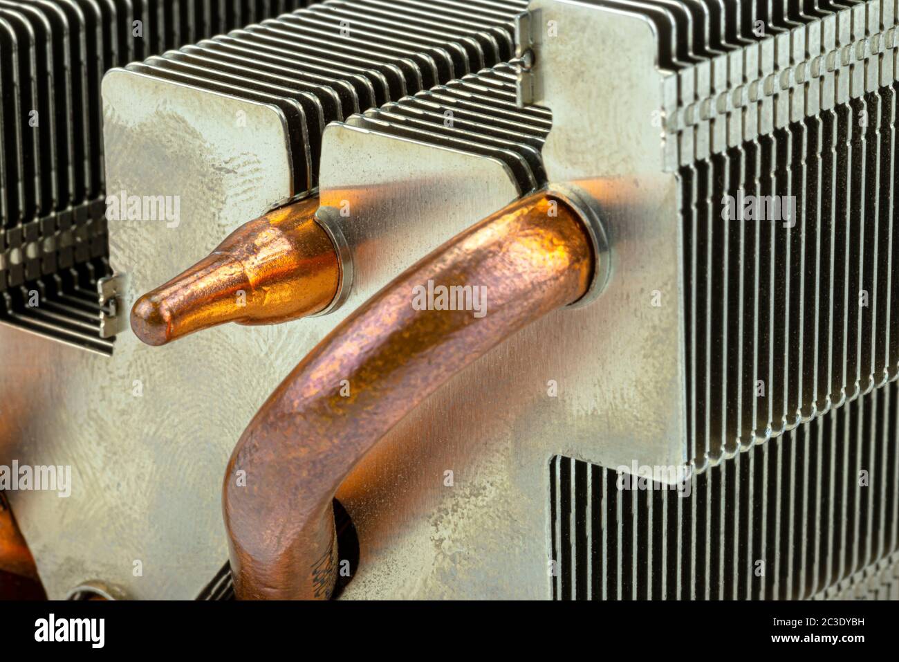 Macro photo of an aluminum heat sink from a pc with visible copper heat ...