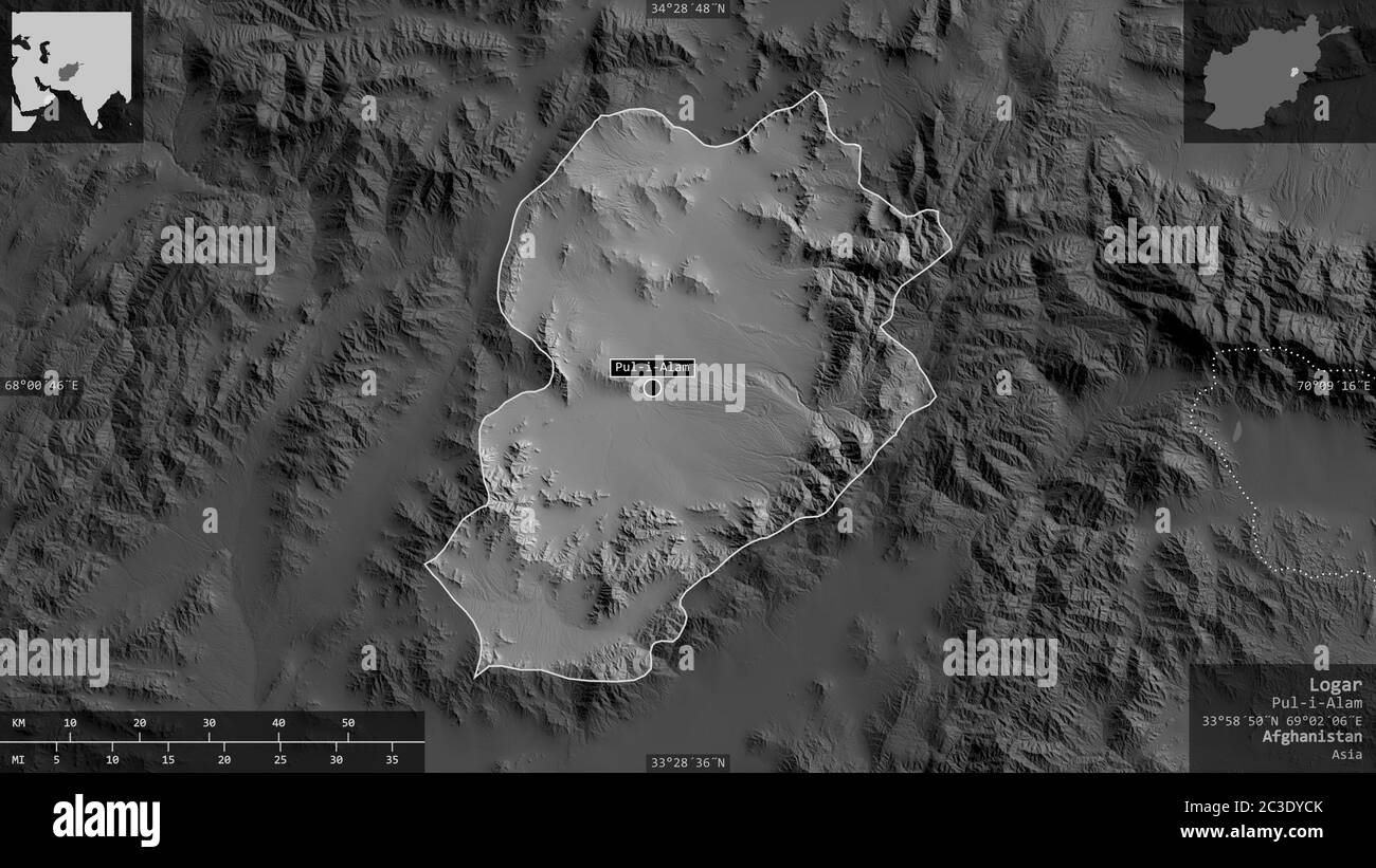 Logar, province of Afghanistan. Grayscaled map with lakes and rivers ...