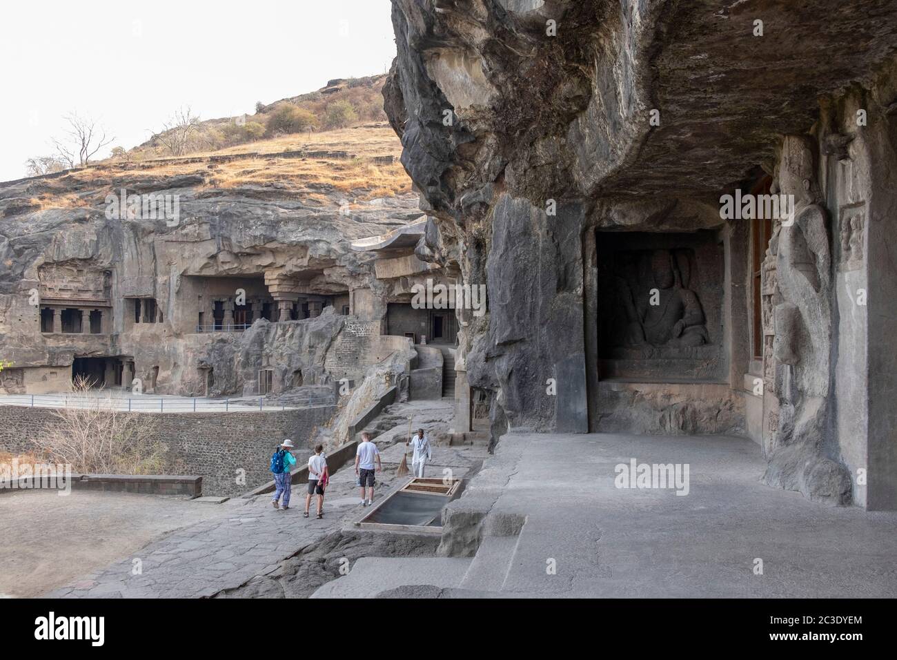 View from cave 2 of ancient Ellora rock carved Buddhist temple caves ...