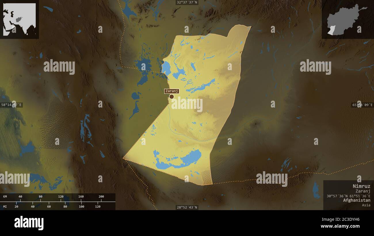Nimruz, province of Afghanistan. Colored relief with lakes and rivers ...
