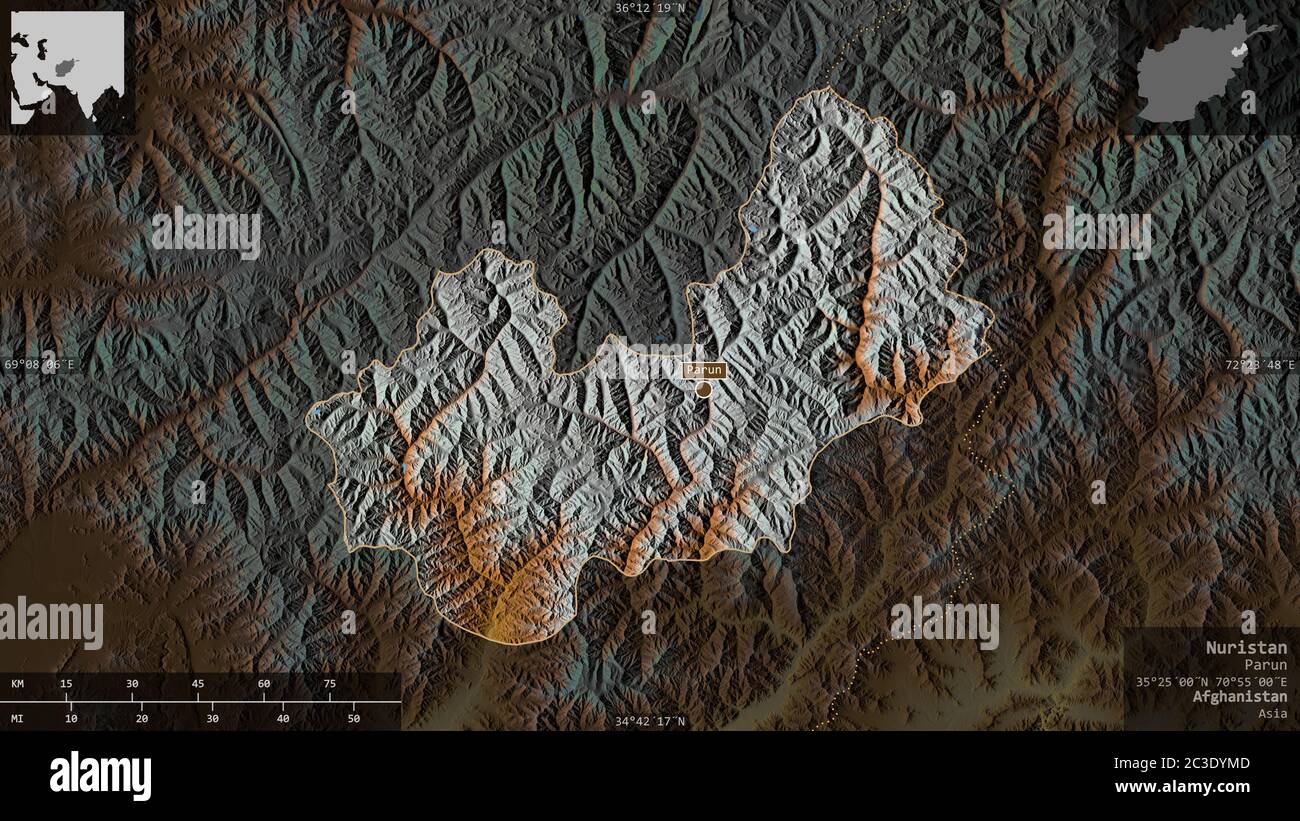 Nuristan, province of Afghanistan. Colored relief with lakes and rivers ...