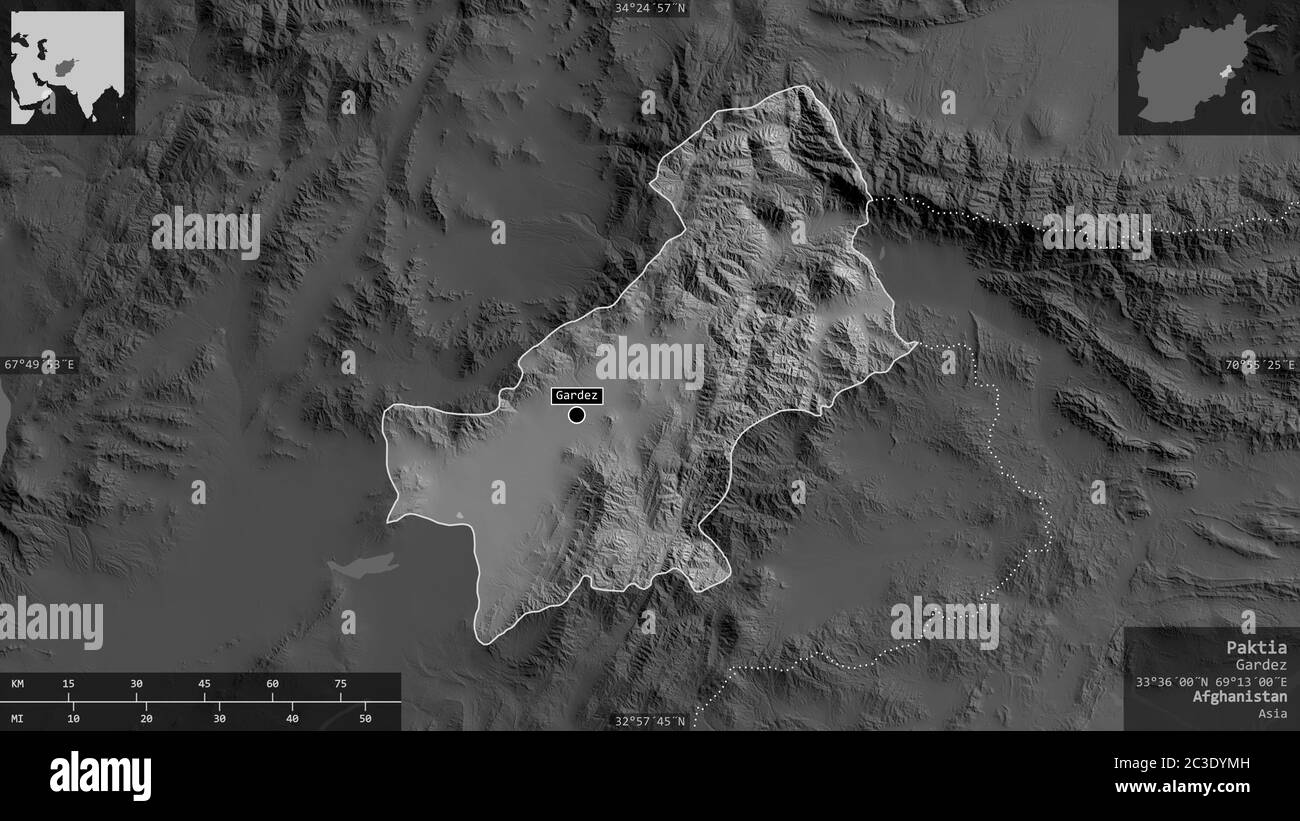 Paktia, province of Afghanistan. Grayscaled map with lakes and rivers ...