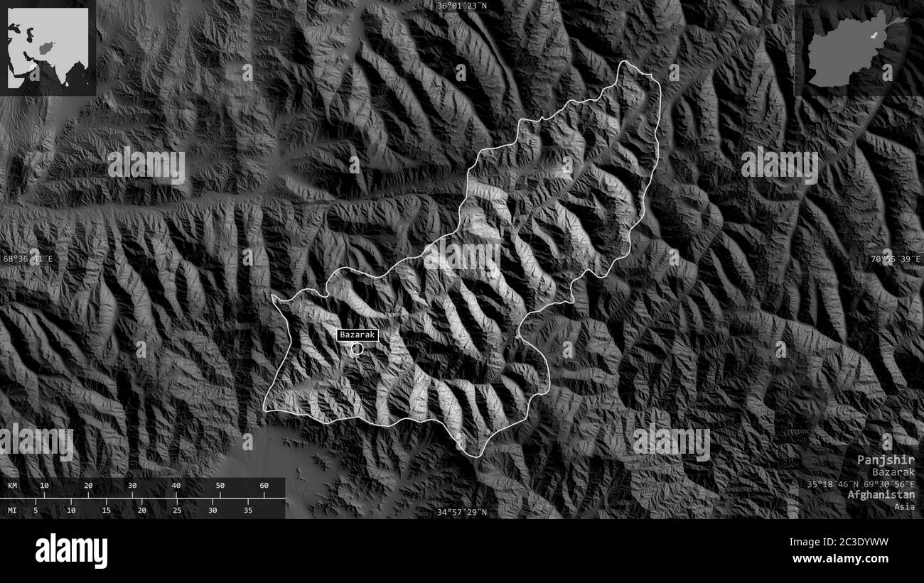 Panjshir, province of Afghanistan. Grayscaled map with lakes and rivers ...