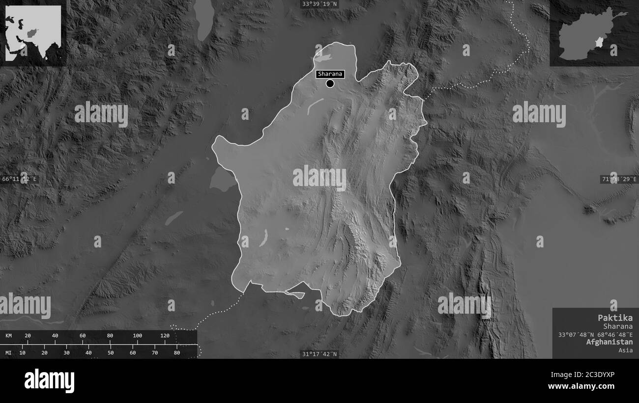 Paktika, province of Afghanistan. Grayscaled map with lakes and rivers ...