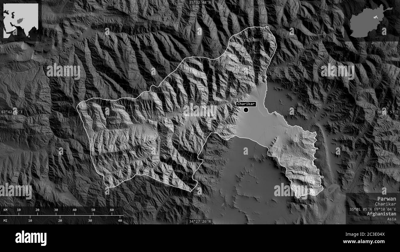 Parwan, province of Afghanistan. Grayscaled map with lakes and rivers ...