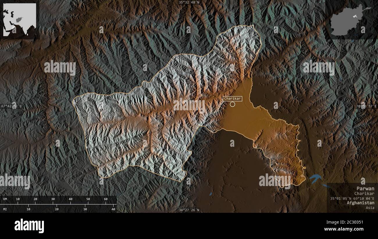 Parwan, province of Afghanistan. Colored relief with lakes and rivers ...