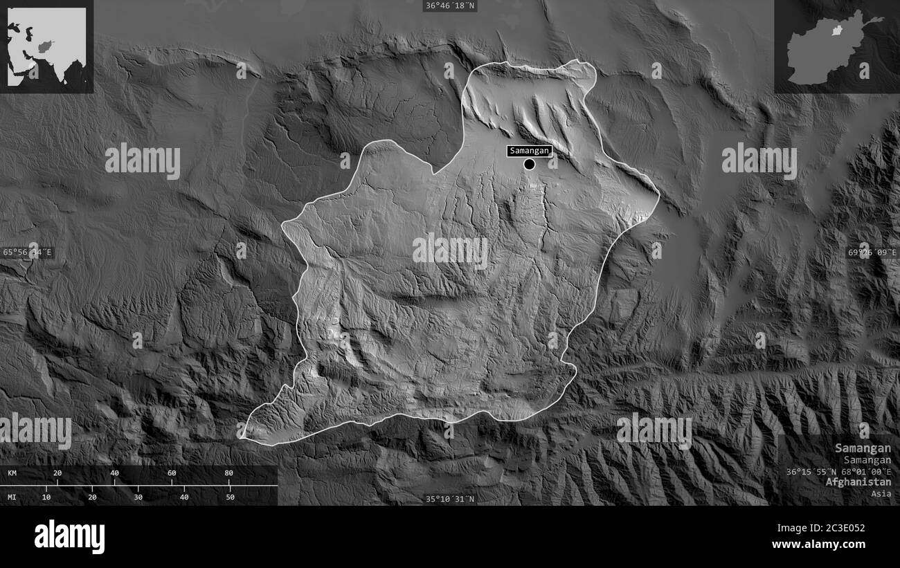 Samangan, province of Afghanistan. Grayscaled map with lakes and rivers ...
