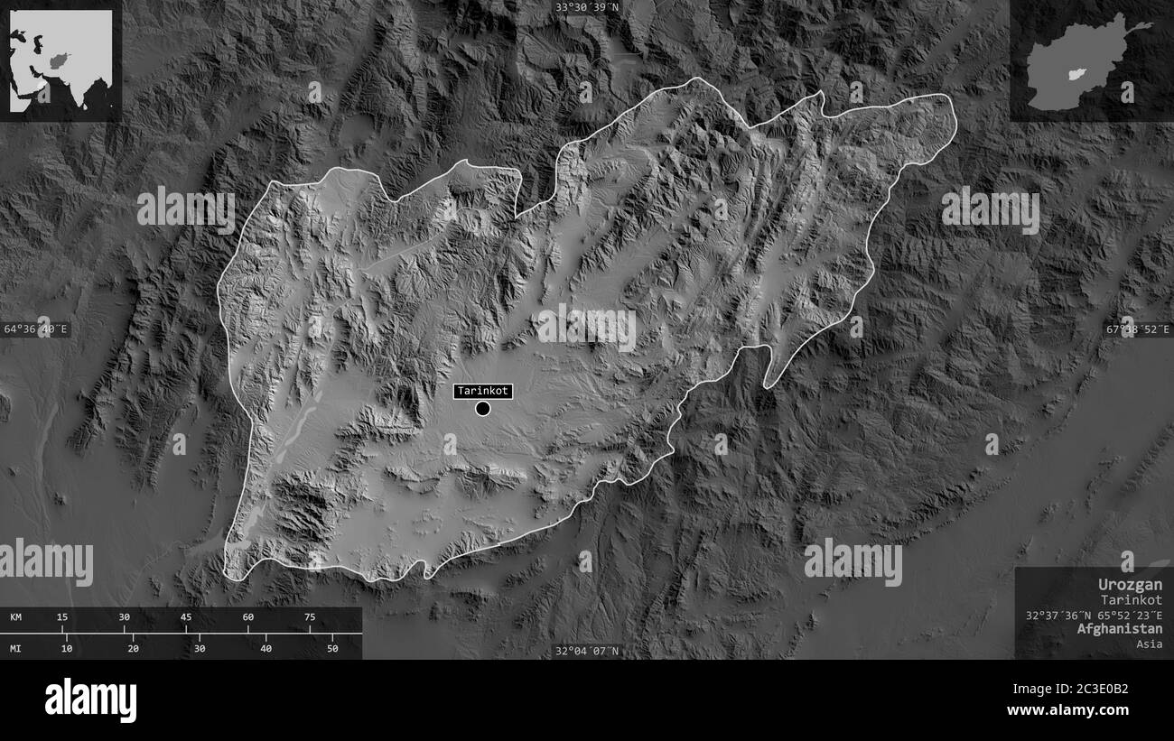 Urozgan, province of Afghanistan. Grayscaled map with lakes and rivers ...