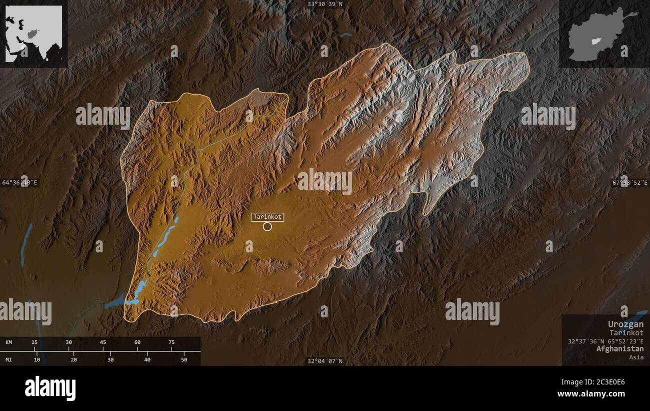 Urozgan, province of Afghanistan. Colored relief with lakes and rivers ...