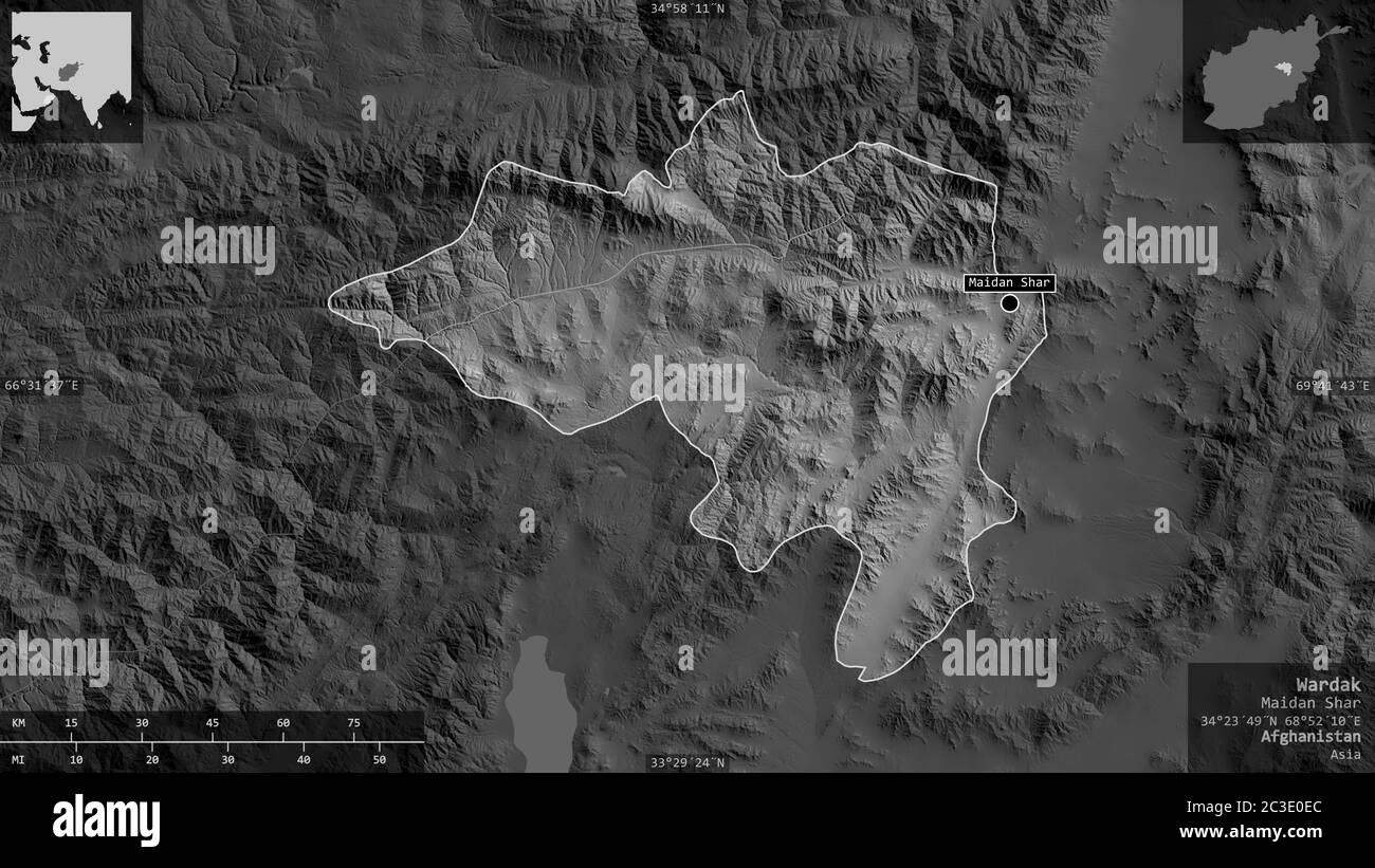Wardak, province of Afghanistan. Grayscaled map with lakes and rivers ...