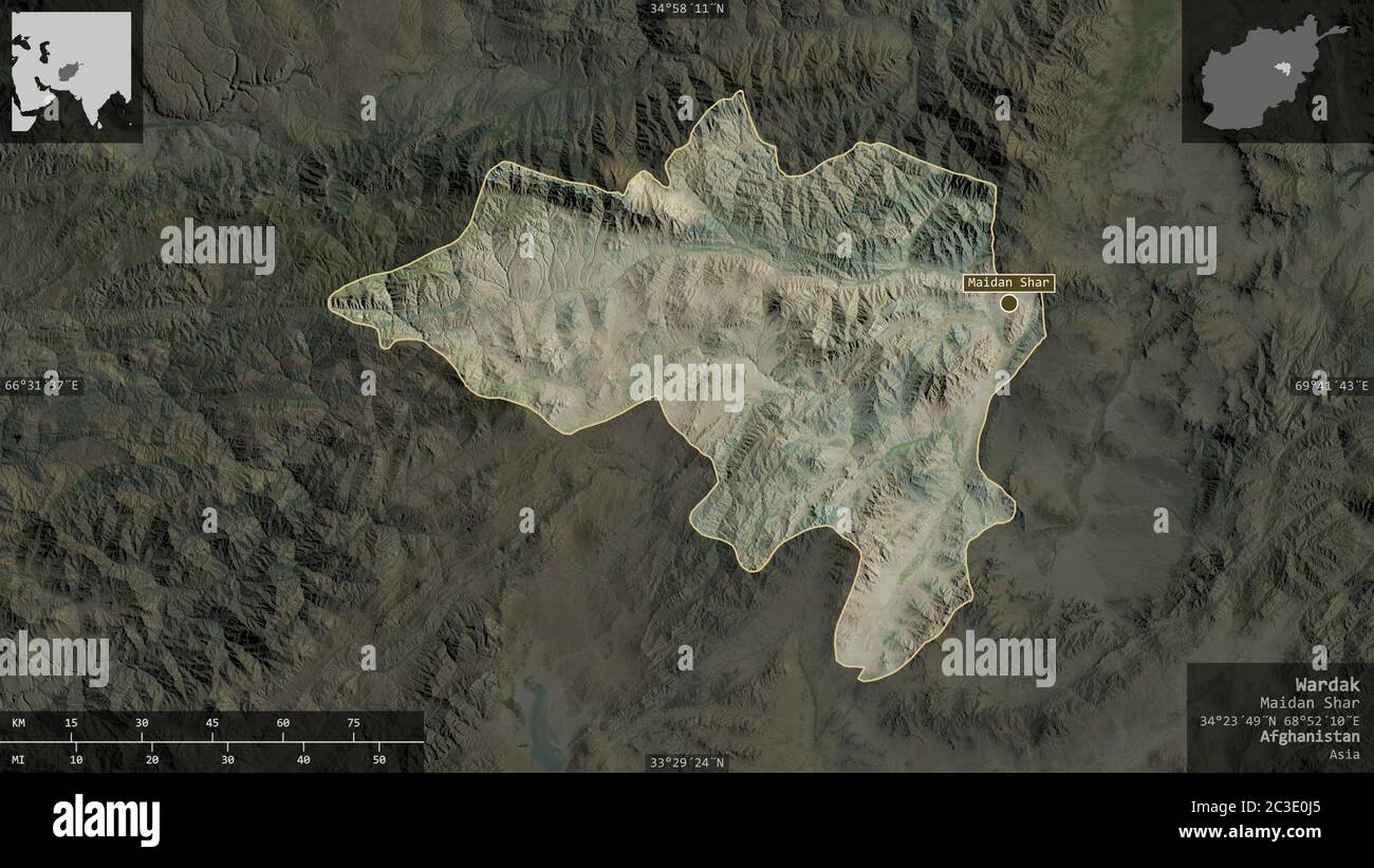 Wardak, province of Afghanistan. Satellite imagery. Shape presented ...