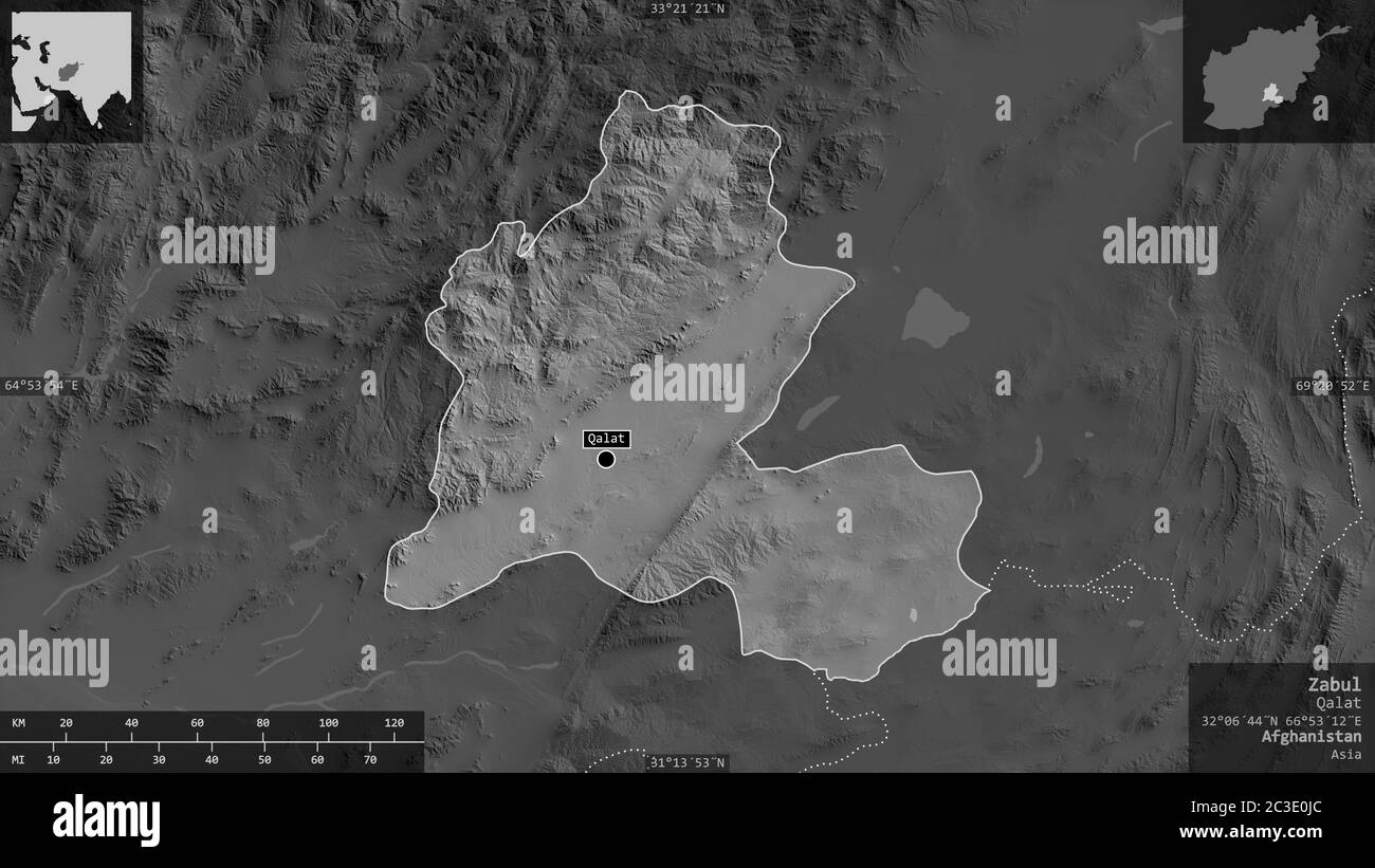 Zabul, province of Afghanistan. Grayscaled map with lakes and rivers ...