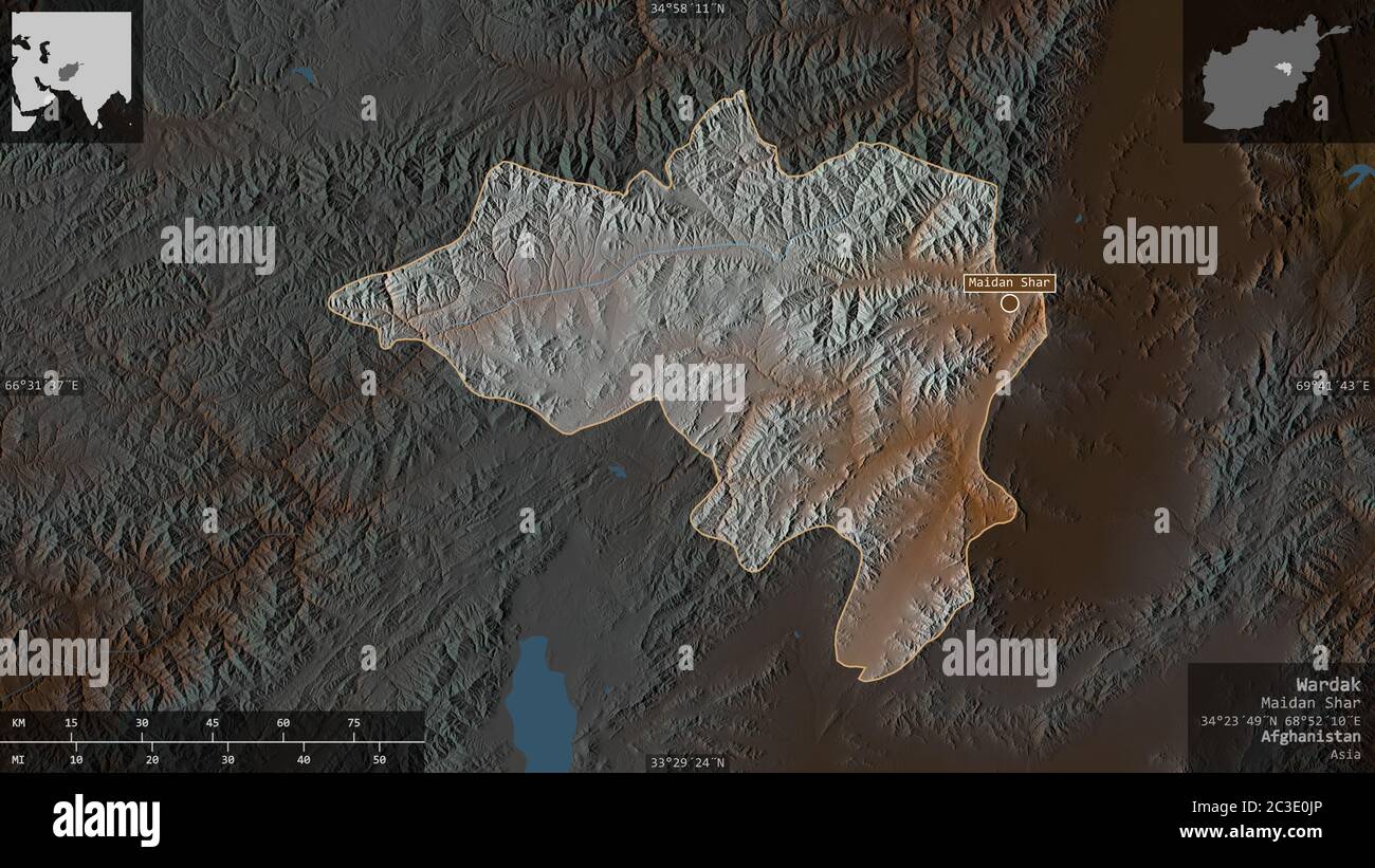 Wardak, province of Afghanistan. Colored relief with lakes and rivers ...