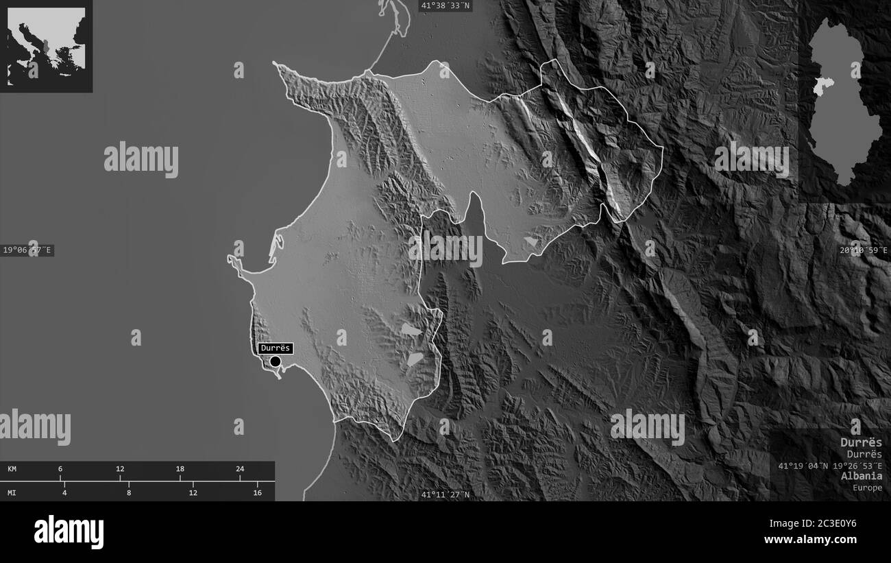 Durrës, county of Albania. Grayscaled map with lakes and rivers. Shape ...