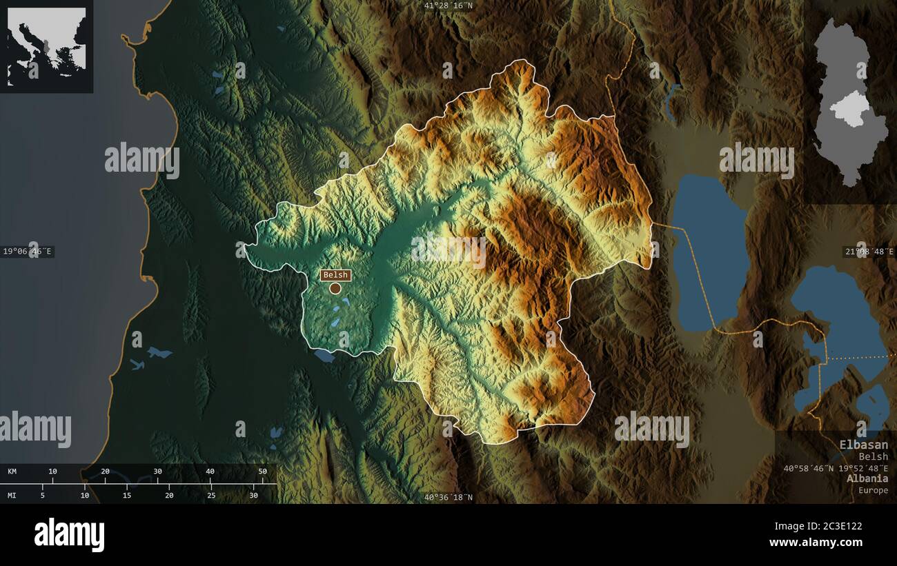 Elbasan, county of Albania. Colored relief with lakes and rivers. Shape ...