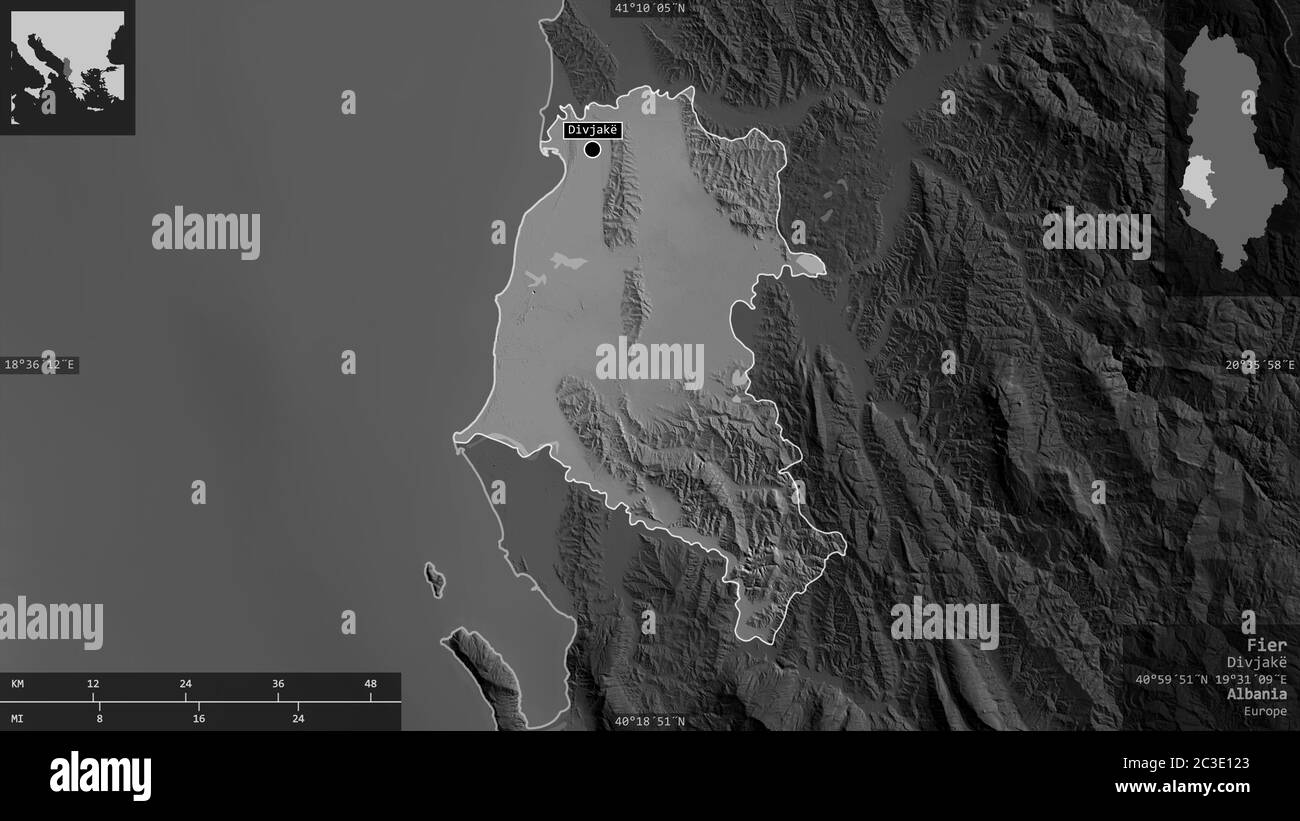 Fier, county of Albania. Grayscaled map with lakes and rivers. Shape ...