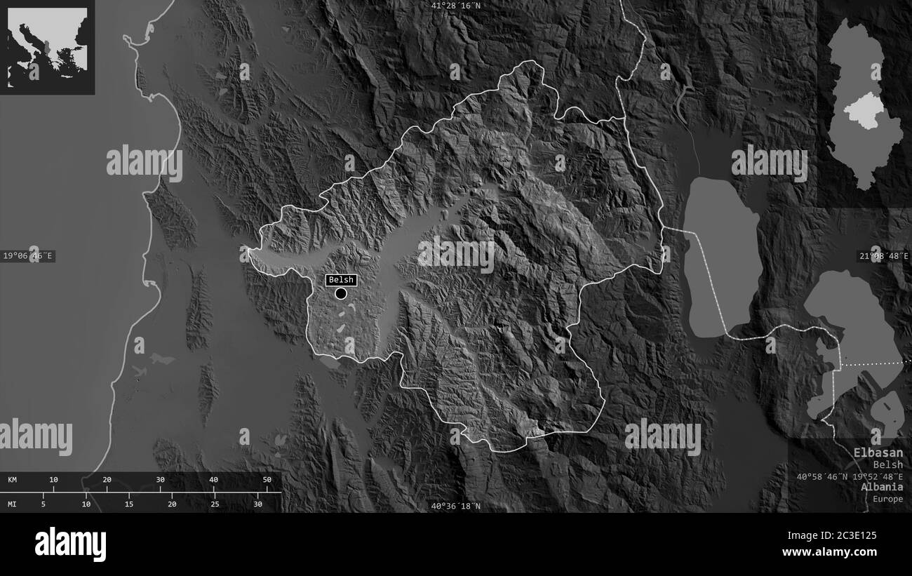 Elbasan, county of Albania. Grayscaled map with lakes and rivers. Shape ...