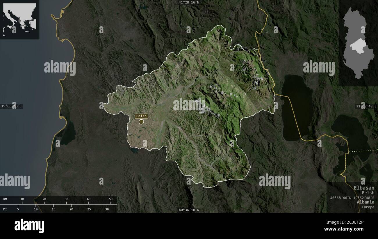 Elbasan, county of Albania. Satellite imagery. Shape presented against its country area with ...