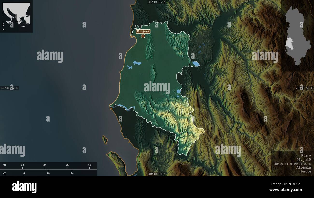Fier, county of Albania. Colored relief with lakes and rivers. Shape ...