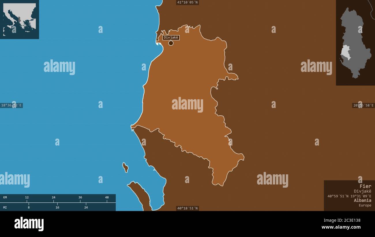 Fier, county of Albania. Patterned solids with lakes and rivers. Shape ...