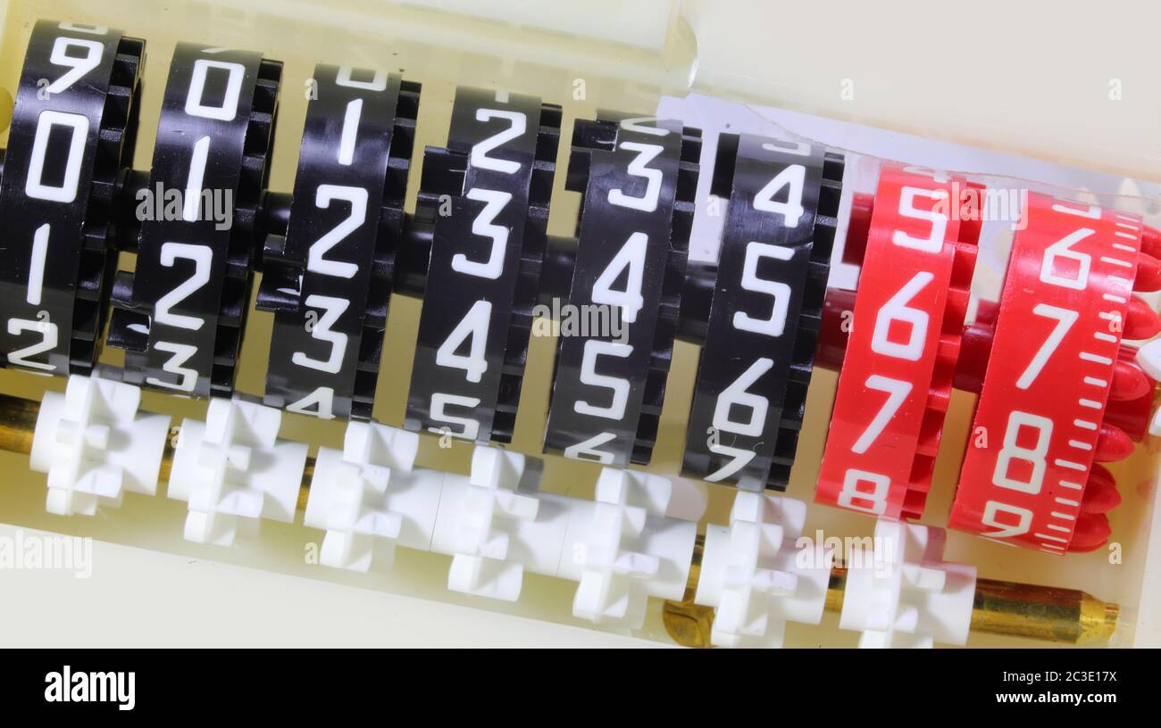 Detail of big numbers of an analog meter for detecting the consumption ...