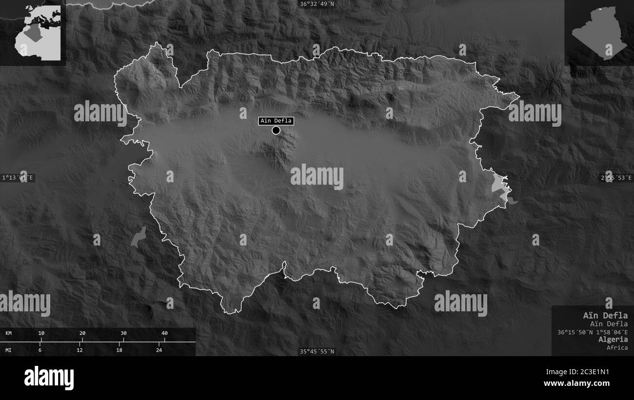 Aïn Defla, province of Algeria. Grayscaled map with lakes and rivers ...
