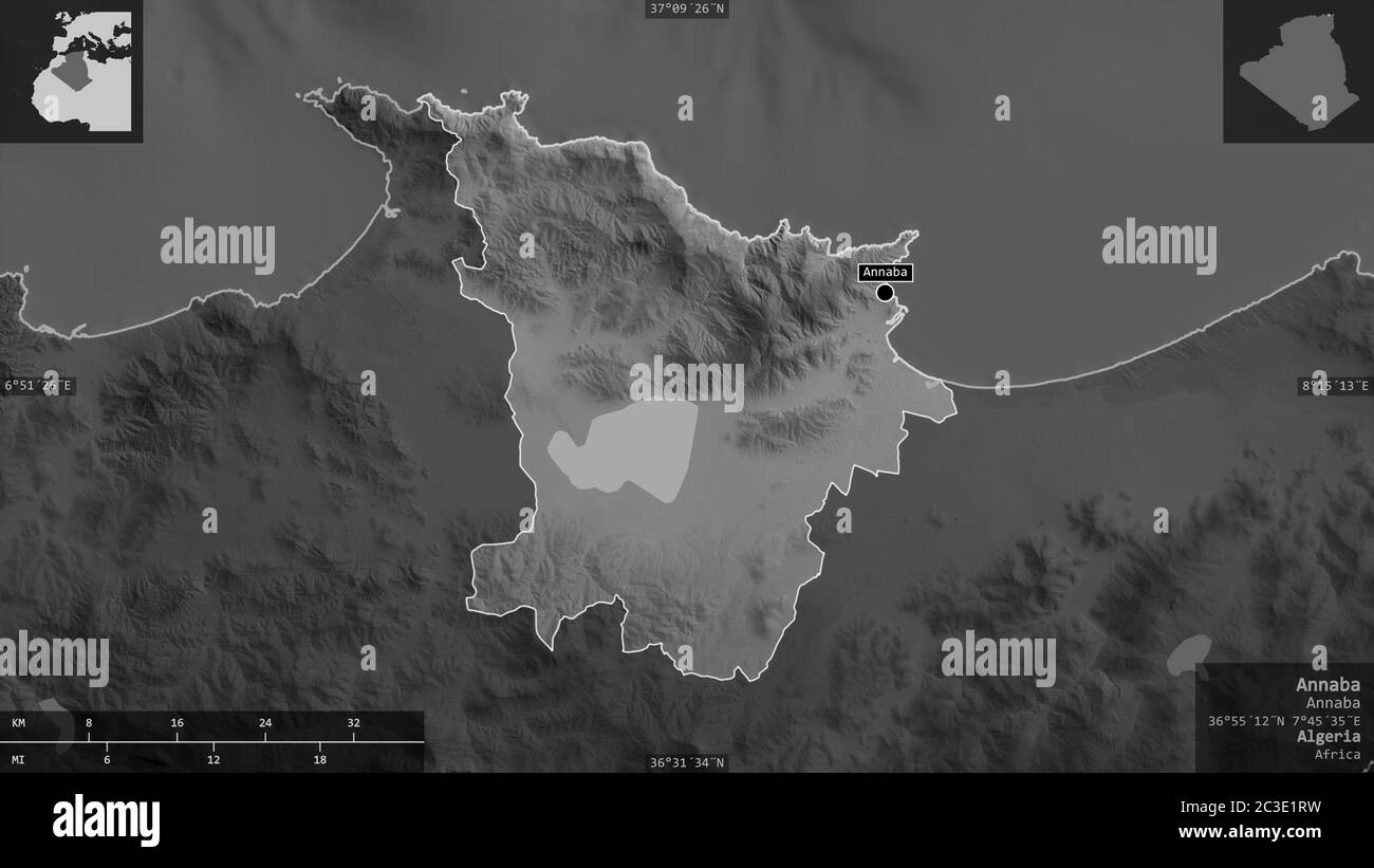 Annaba, province of Algeria. Grayscaled map with lakes and rivers ...