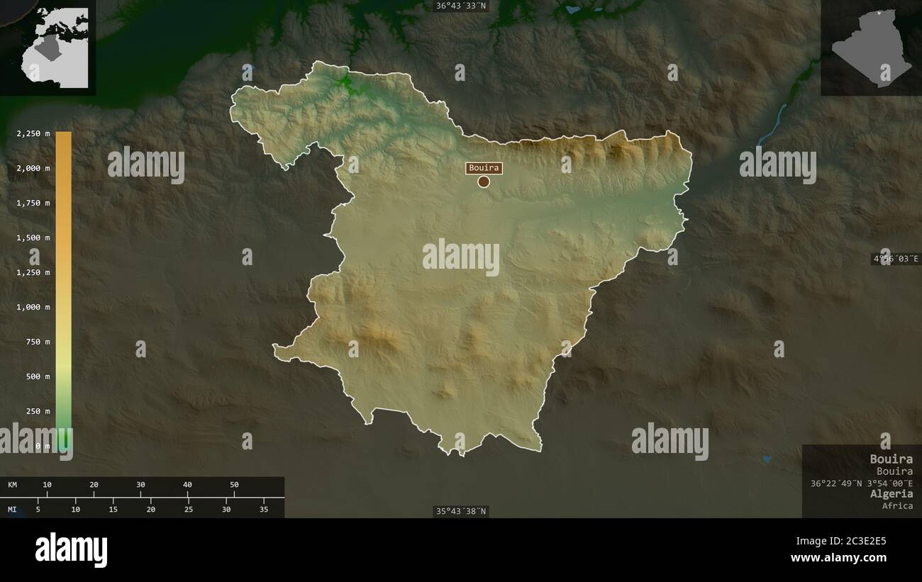 Bouira, province of Algeria. Colored shader data with lakes and rivers ...