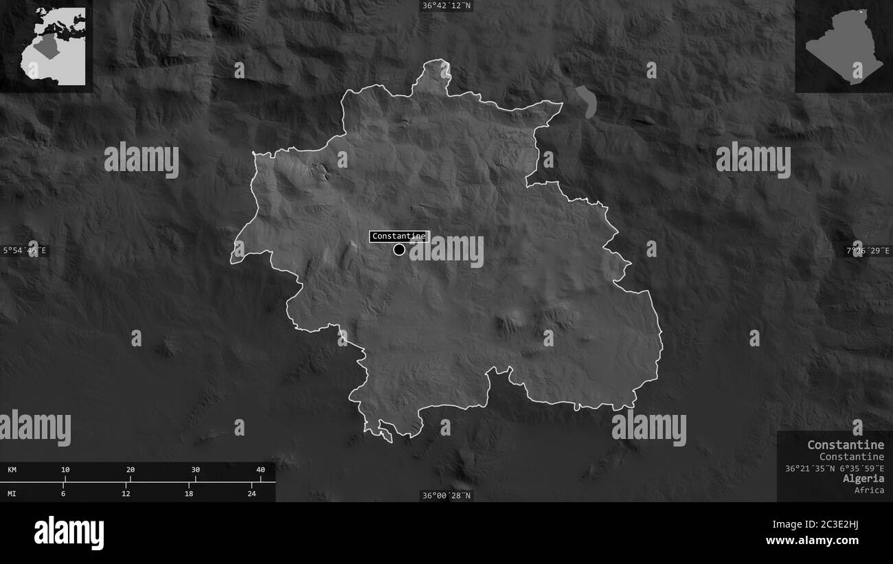 Constantine, province of Algeria. Grayscaled map with lakes and rivers ...