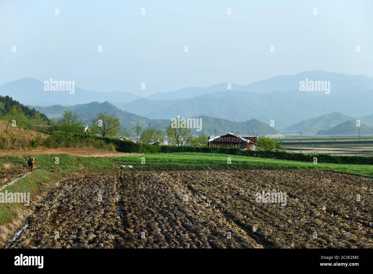 North Korea. DPRK. Countryside landscape. Village and plowed fields ...