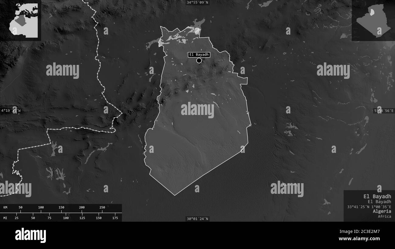 El Bayadh, province of Algeria. Grayscaled map with lakes and rivers ...