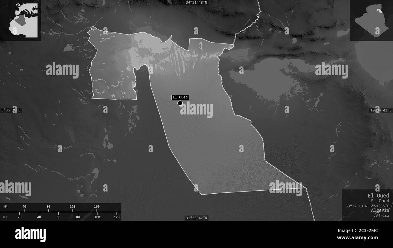 El Oued, province of Algeria. Grayscaled map with lakes and rivers ...