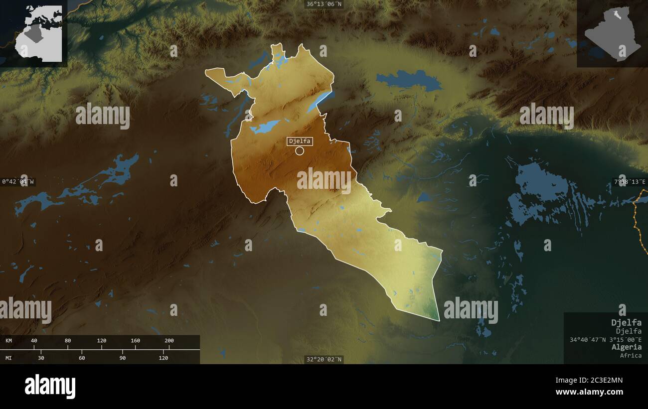 Djelfa, province of Algeria. Colored relief with lakes and rivers ...