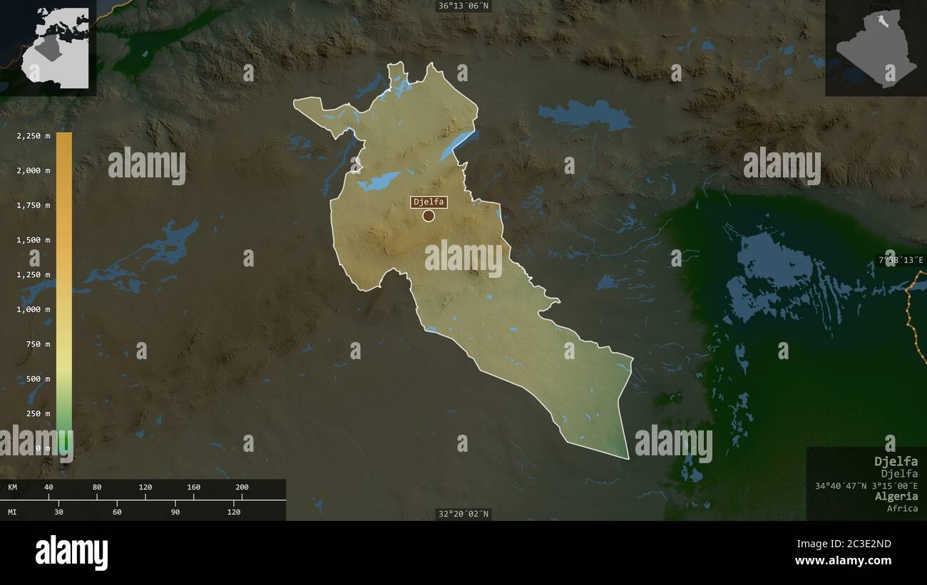 Djelfa, province of Algeria. Colored shader data with lakes and rivers ...