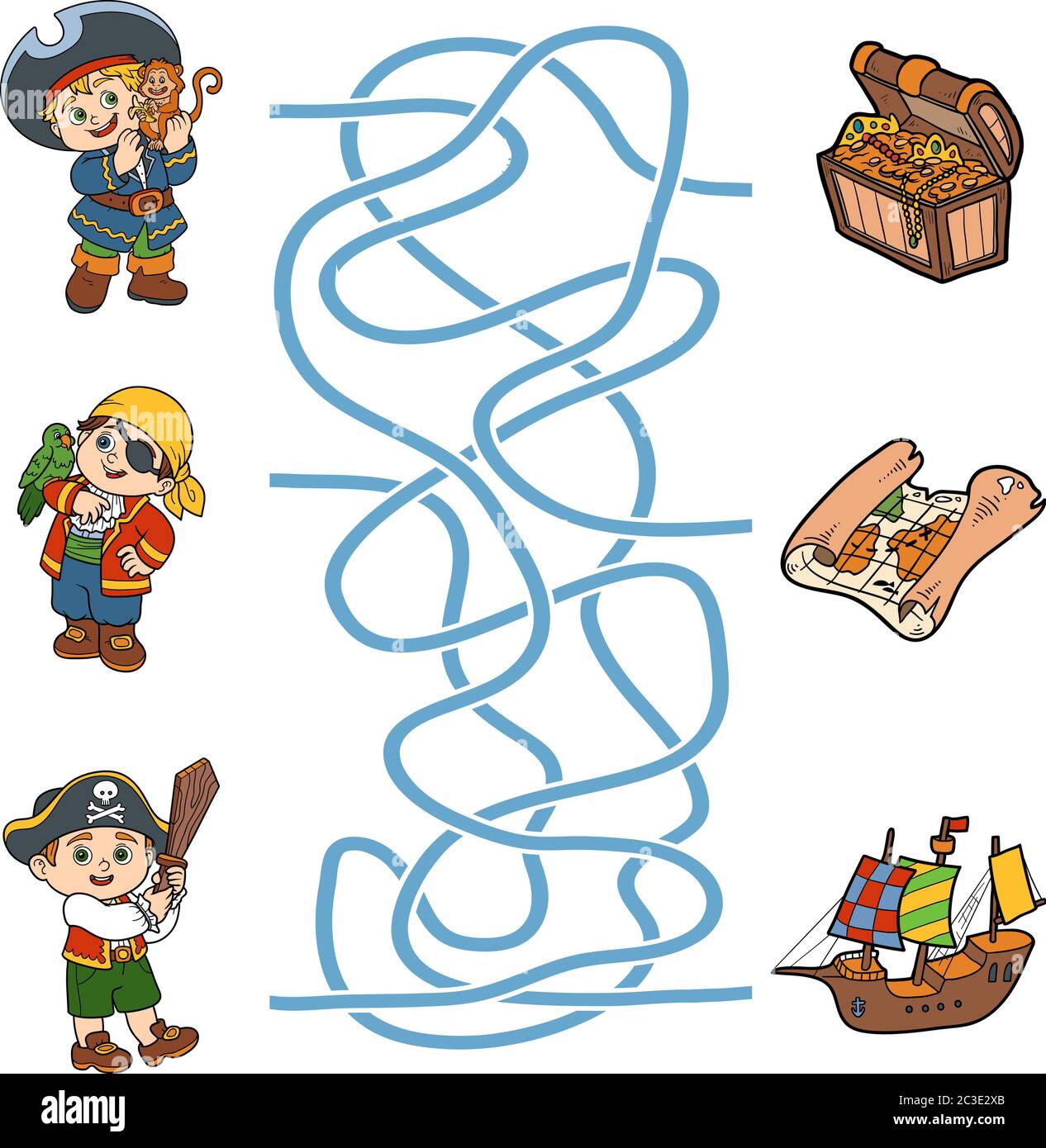Maze game, education game for children. Pirate characters and items ...