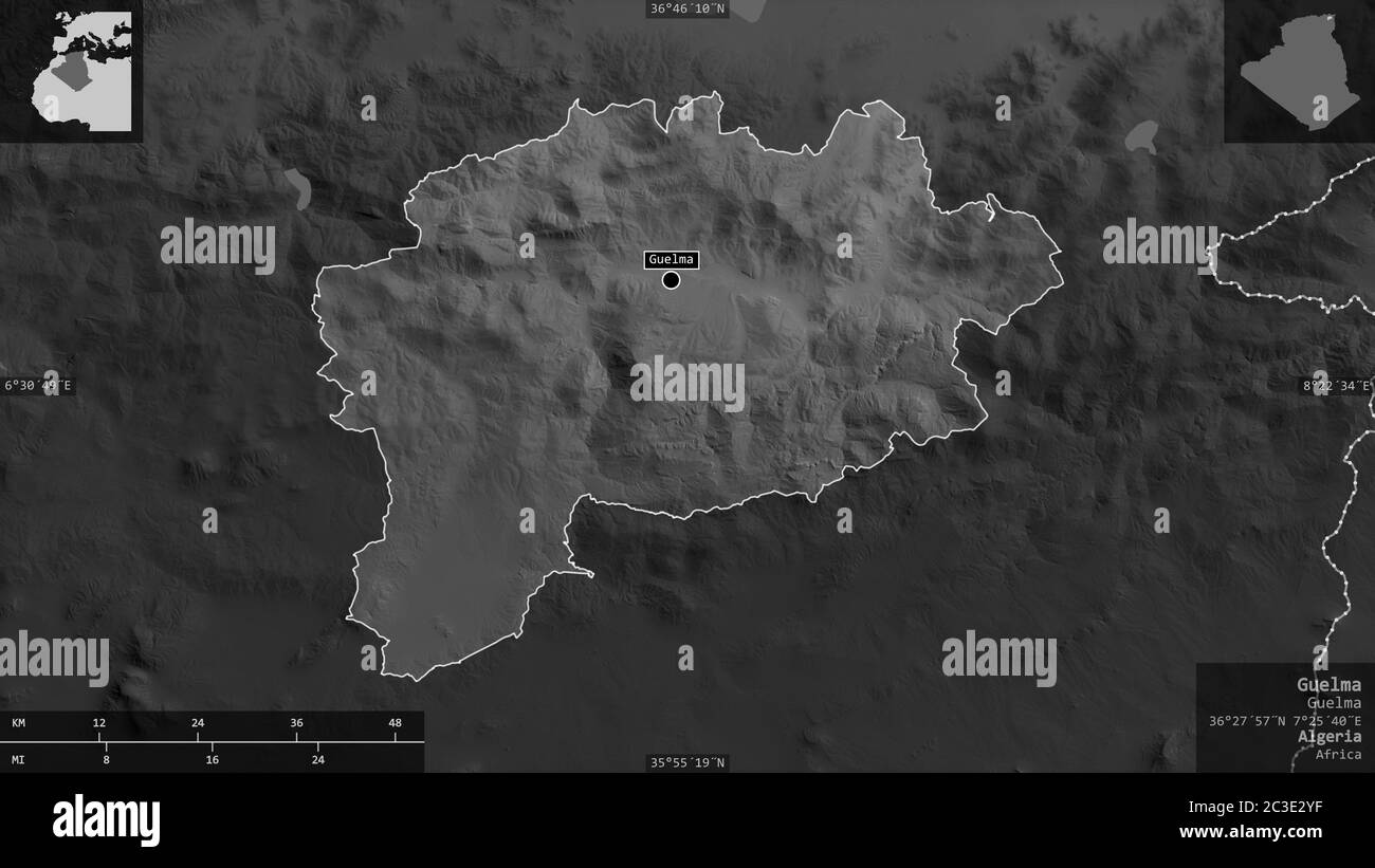 Guelma, province of Algeria. Grayscaled map with lakes and rivers ...