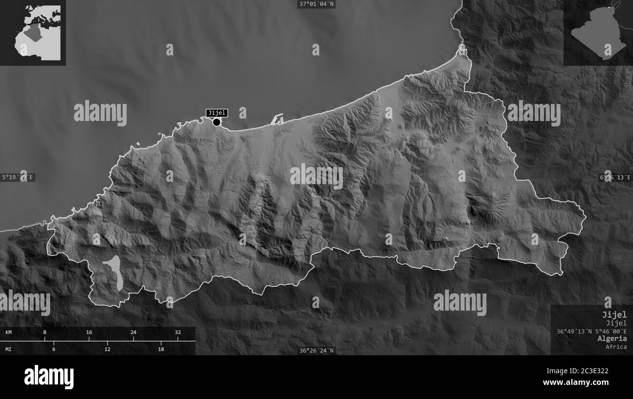 Jijel, province of Algeria. Grayscaled map with lakes and rivers. Shape ...