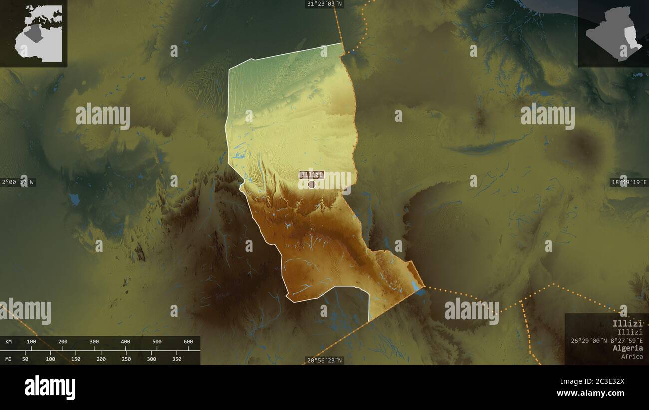Illizi, province of Algeria. Colored relief with lakes and rivers ...