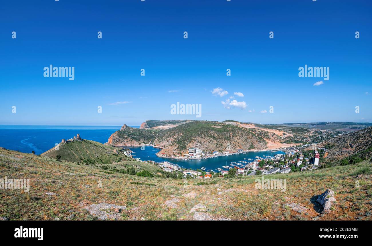 Scenic panoramic view of Balaclava bay with yachts from the ruines of ...